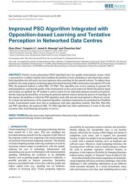 pdf improved pso algorithm integrated with opposition based learning and tentative perception