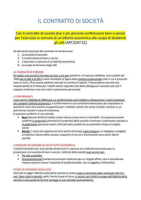 IL Contratto DI Societa IL CONTRATTO DI SOCIETÀ Con il contratto di