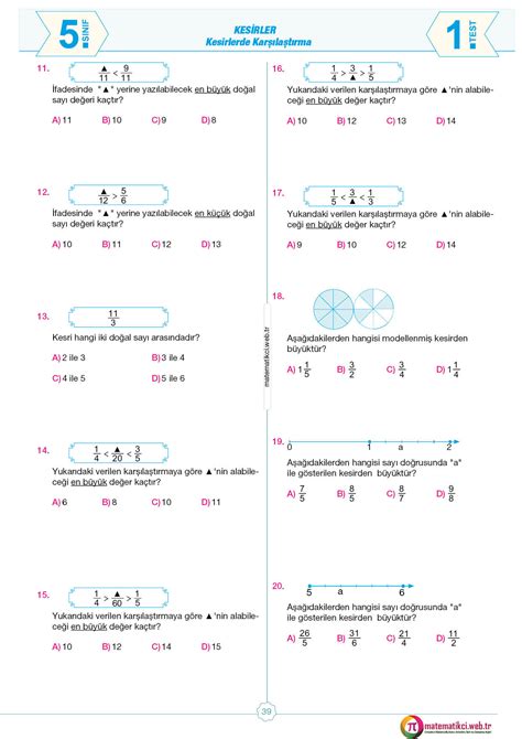 5 Sınıf Kesirlerde Sıralama Testi İndir matematikci web tr