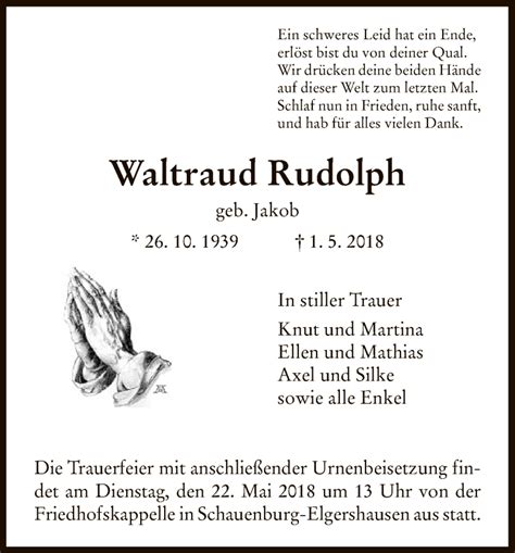 Traueranzeigen Von Waltraud Rudolph Trauer HNA De