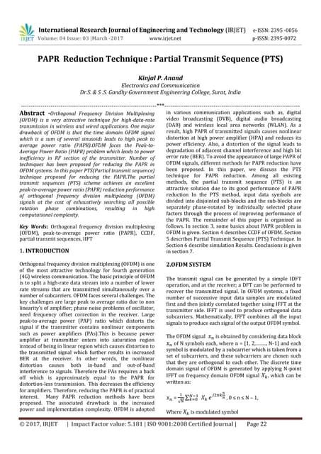 papr reduction technique partial transmit sequence pts pdf