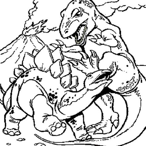 Le dessin montre un combat de dinosaure Le Stégosaure repousse l