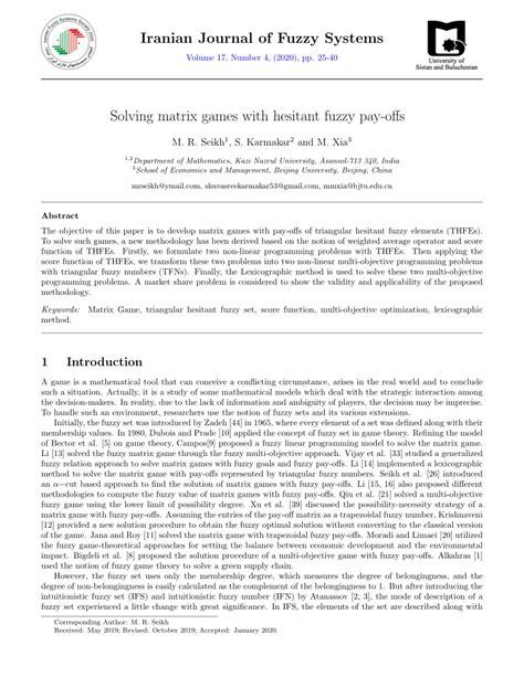 pdf solving matrix games with hesitant fuzzy pay offs