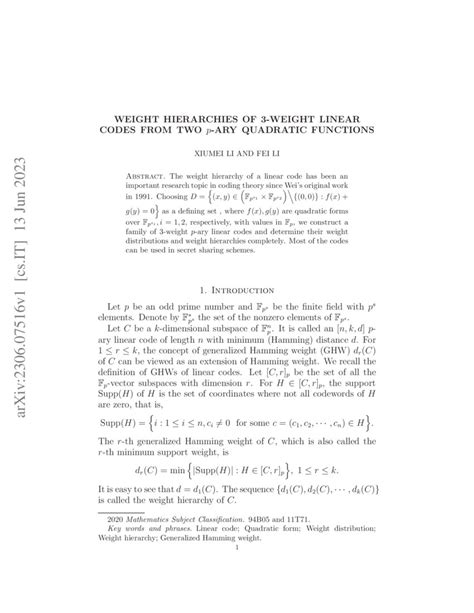 weight hierarchies of 3 weight linear codes from two p ary quadratic functions deepai