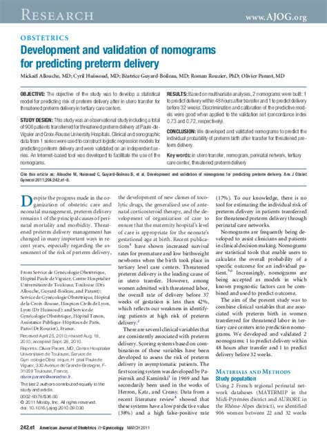 pdf development and validation of nomograms for predicting preterm delivery mickael allouche