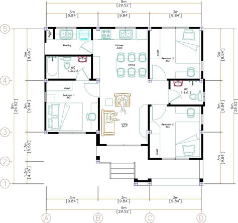 30x30 Feet Small House Plan 9x9 Meter 3 Beds 2 Bath Shed Roof PDF A4