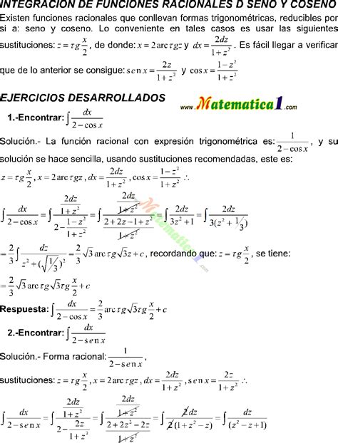 INTEGRALES DE FUNCIONES RACIONALES DE SENOS Y COSENOS RESUELTOS PDF