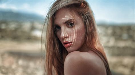 Women Blonde Face Blue Eyes Portrait Bokeh Bare Shoulders Fia Meos