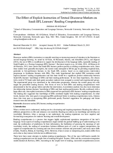 pdf the effect of explicit instruction of textual discourse markers on saudi efl learners