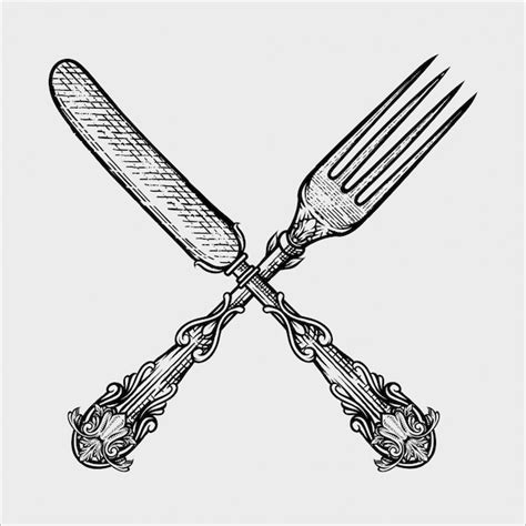 Ilustração de garfo vintage e faca feita na mão desenhada estilo de