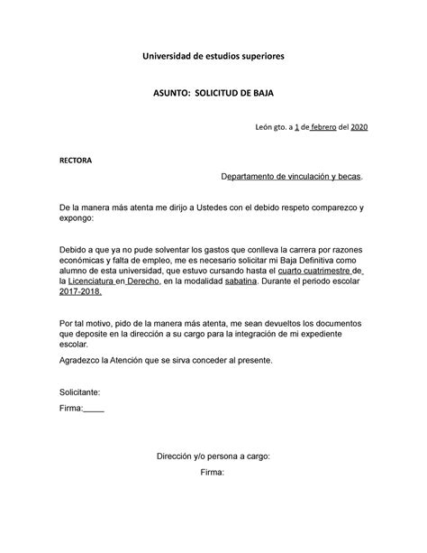 Modelo De Carta Para Solicitar Baja Definitiva En La Universidad