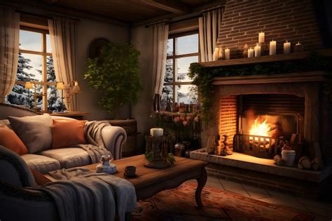 Premium Ai Image A Cozy Living Room With A Fireplace And Comfortable