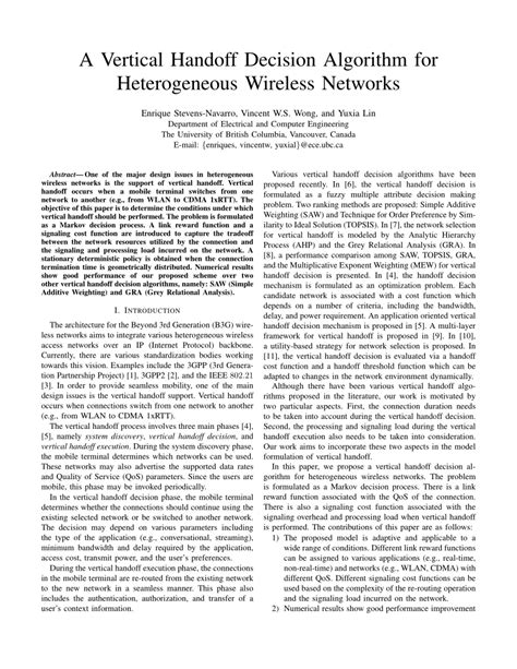 pdf a vertical handoff decision algorithm for heterogeneous wireless networks