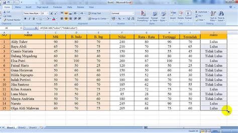 contoh soal excel penggunaan sum average min max dan if untuk menentukan kelulusan siswa