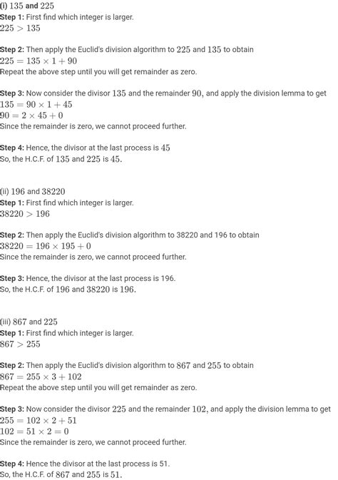 use euclid s division algorithm to find the hcf of 1 135 and 225 2 196 and 38220 3 867 and 255