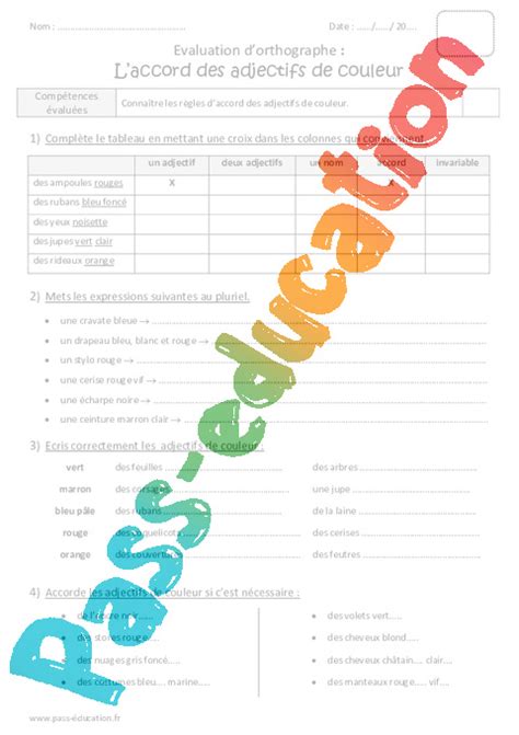 Accord Des Adjectifs De Couleur Cm2 Bilan Pass Education