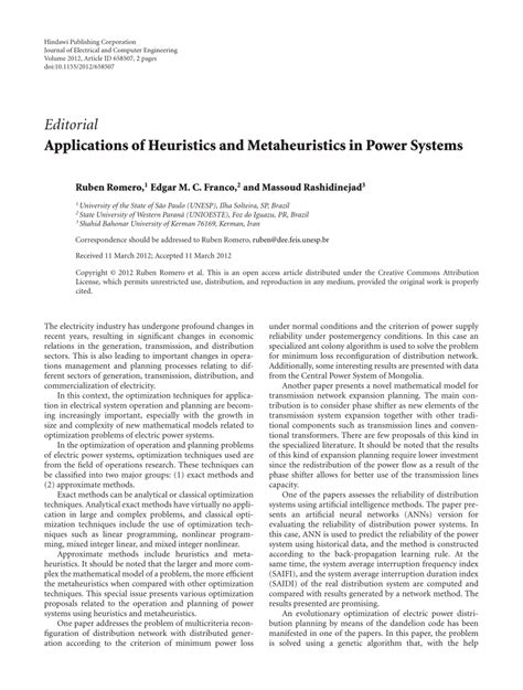 pdf applications of heuristics and metaheuristics in power systems