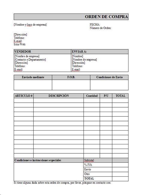 Formato Orden De Compra Excel Fioricet