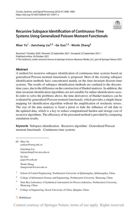 recursive subspace identification of continuous time systems using generalized poisson moment