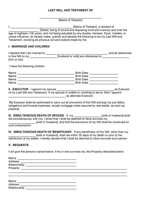 Free Printable Last Will Template Printable Templates Free