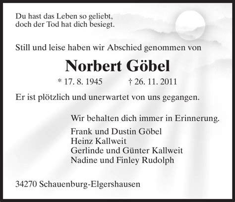 Traueranzeigen von Norbert Göbel Trauer HNA de