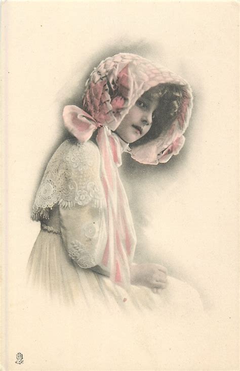 Almost Half Length Study Of Dark Haired Girl In Pink Bonnet Facing