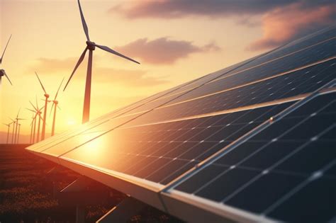 Painéis solares e turbinas eólicas que geram eletricidade ao pôr do sol