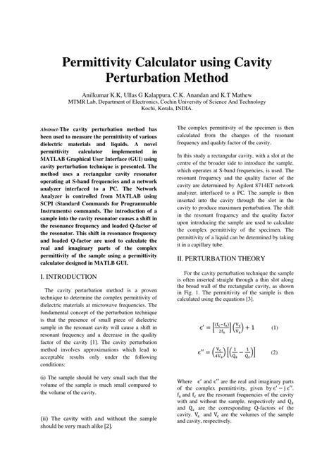 pdf permittivity calculator using cavity perturbation method”