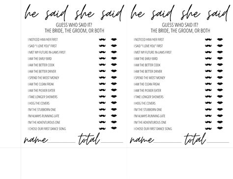 He Said She Said Bridal Shower Game Free Printable Modern MOH