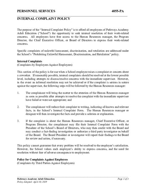 Fillable Online 10 Internal Complaint Policy Templates In PDFDOC