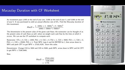 Finding Macaulay Duration With Cash Flow Worksheet On Ba Ii Plus Youtube