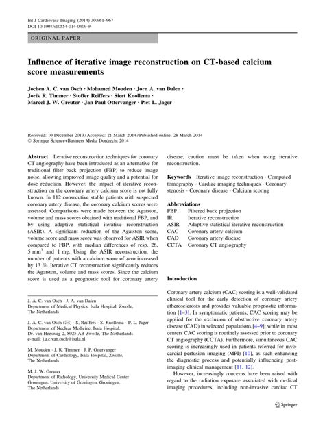pdf influence of iterative image reconstruction on ct based calcium score measurements