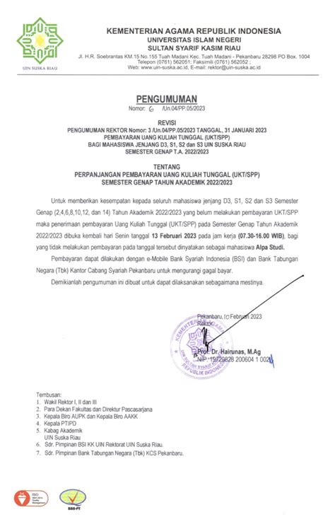 Perpanjangan Pembayaran Uang Kuliah Tunggal Ukt Spp Semester Genap