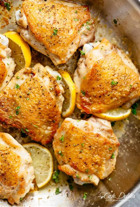 Roast Lemon Chicken Thighs With Crispy Skin Pan Seared Then Oven Baked