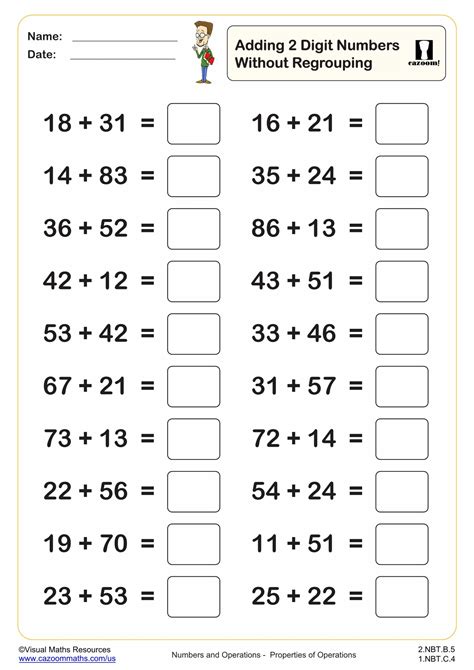 adding 2 digit numbers without regrouping 20 questions pdf printable addition worksheets