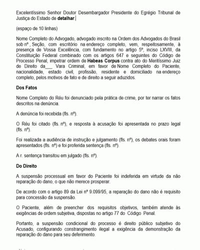 Modelo de Petição Habeas Corpus Concessão da Suspensão Condicional do