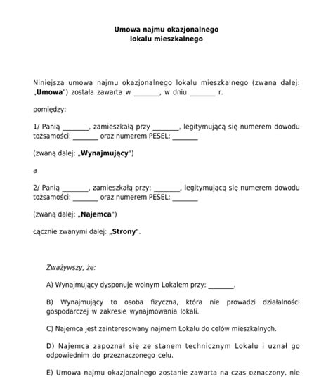 Umowa najmu okazjonalnego wzór przykład Word i PDF
