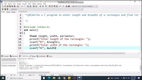 write a c program to enter length and breadth of a rectangle and find its perimeter youtube