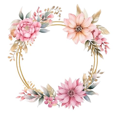 Acuarela De Corona De Flores Rosa Con Marco Dorado PNG Dibujos Flor