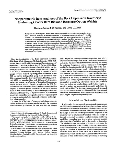 pdf nonparametric item analyses of the beck depression inventory evaluating gender item bias