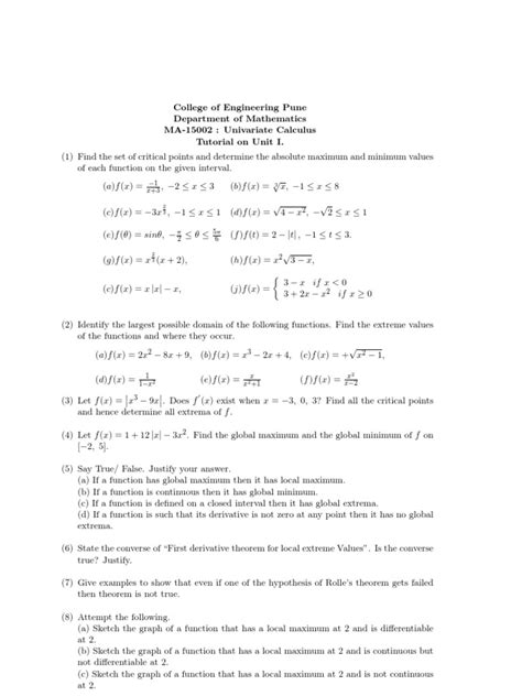 tutorial 1 pdf maxima and minima function mathematics