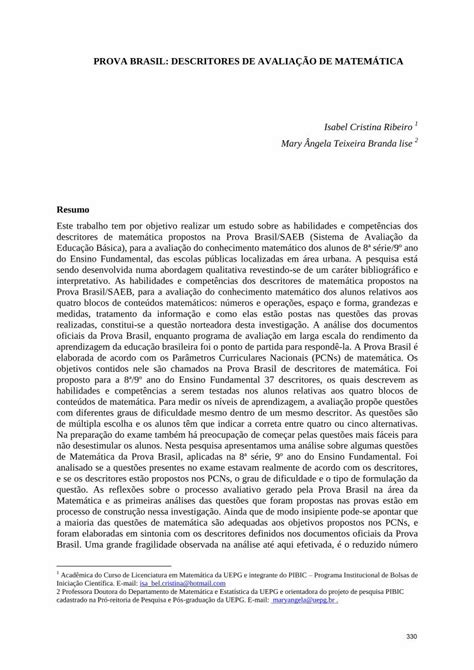 Pdf Prova Brasil Descritores De Avalia O De Nos Par Metros