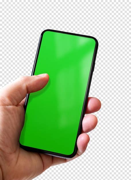 Mano Che Tiene Uno Smartphone Con Schermo Verde Vuoto Isolato Su Sfondo