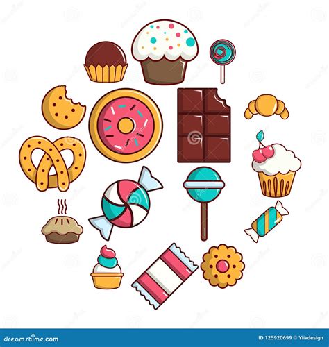 Os Doces Dos Doces Endurecem Os ícones Ajustados Estilo Dos Desenhos