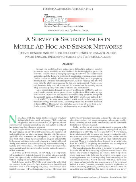 pdf a survey of security issues in mobile ad hoc and sensor networks djamel djenouri