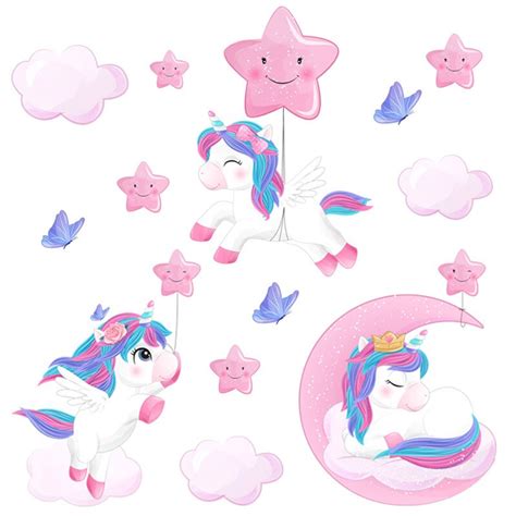 Tek boynuzlu at duvar çıkartmaları karikatür yıldız kelebek Unicorn
