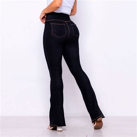 Calça Cotton Flare Jeans Fake Feminina Cintura Alta Feira da