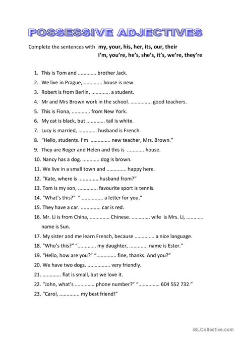 Possessive Adjectives General Gramma English Esl Worksheets Pdf Doc