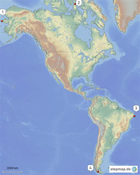 StepMap Amerika Doppelkoninent physisch Landkarte für Nordamerika