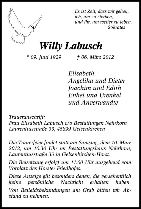 Traueranzeigen Von Willy Labusch Trauer In NRW De